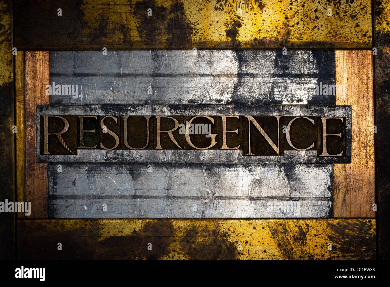 Resurgence text formed with real authentic typeset letters on vintage ...