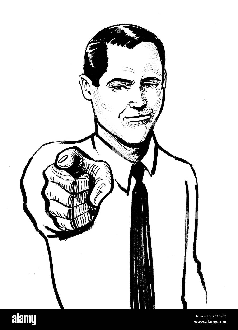 Man pointing to the viewer. Ink black and white drawing Stock Photo - Alamy