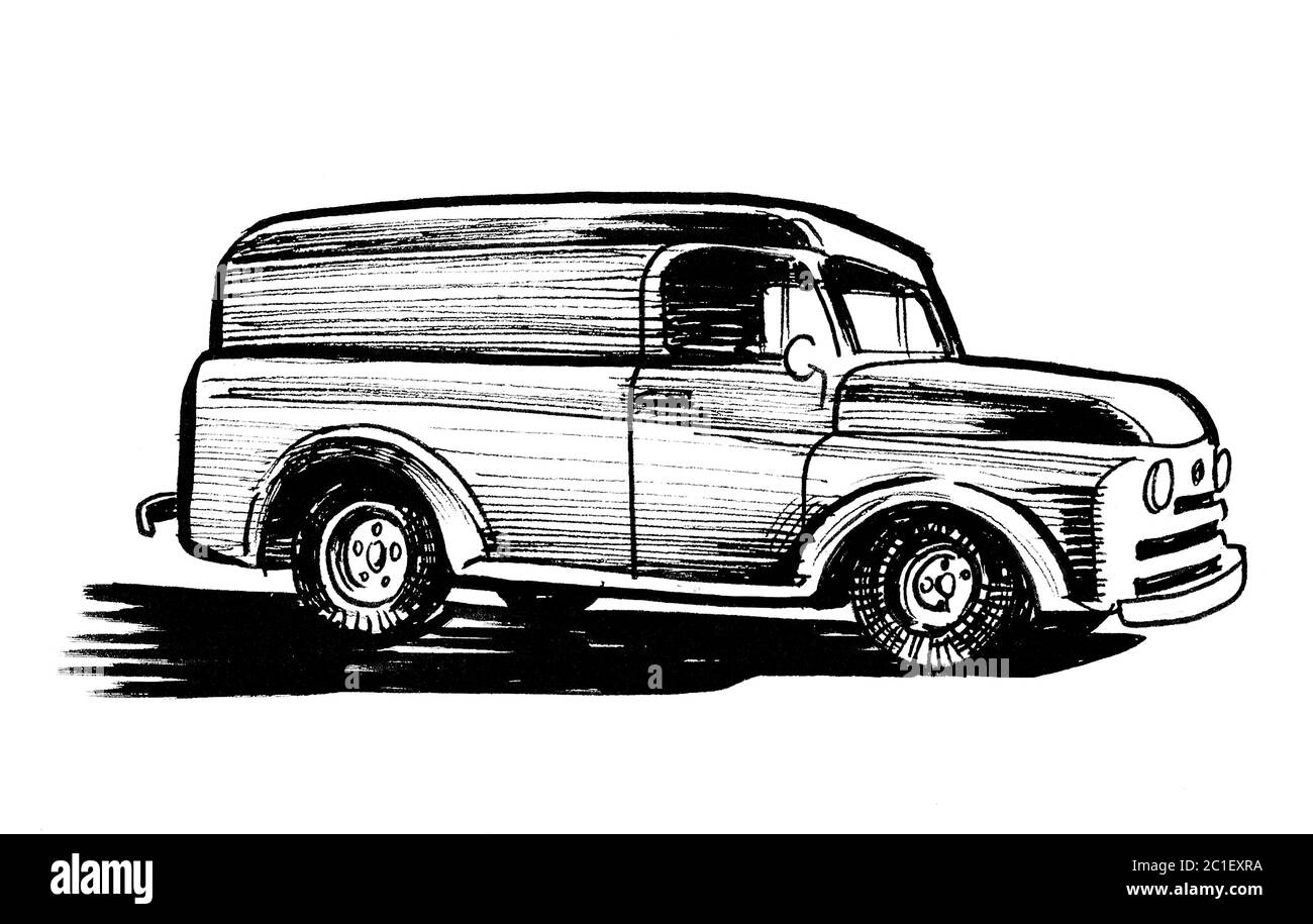 Vintage American van. Ink black and white drawing Stock Photo - Alamy