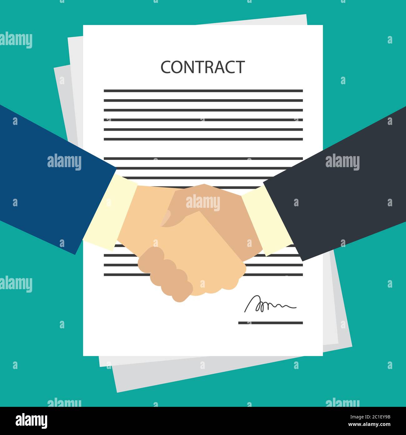 two business man shaking hands to each other with signed contract form ...