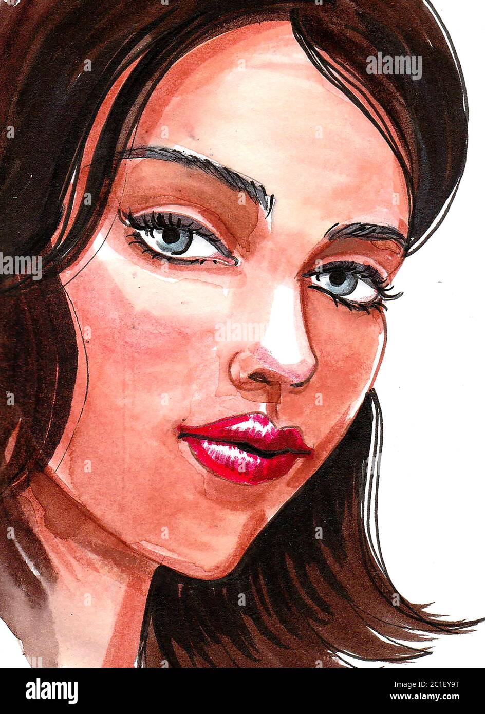 Beautiful woman face. Ink and watercolor drawing Stock Photo - Alamy