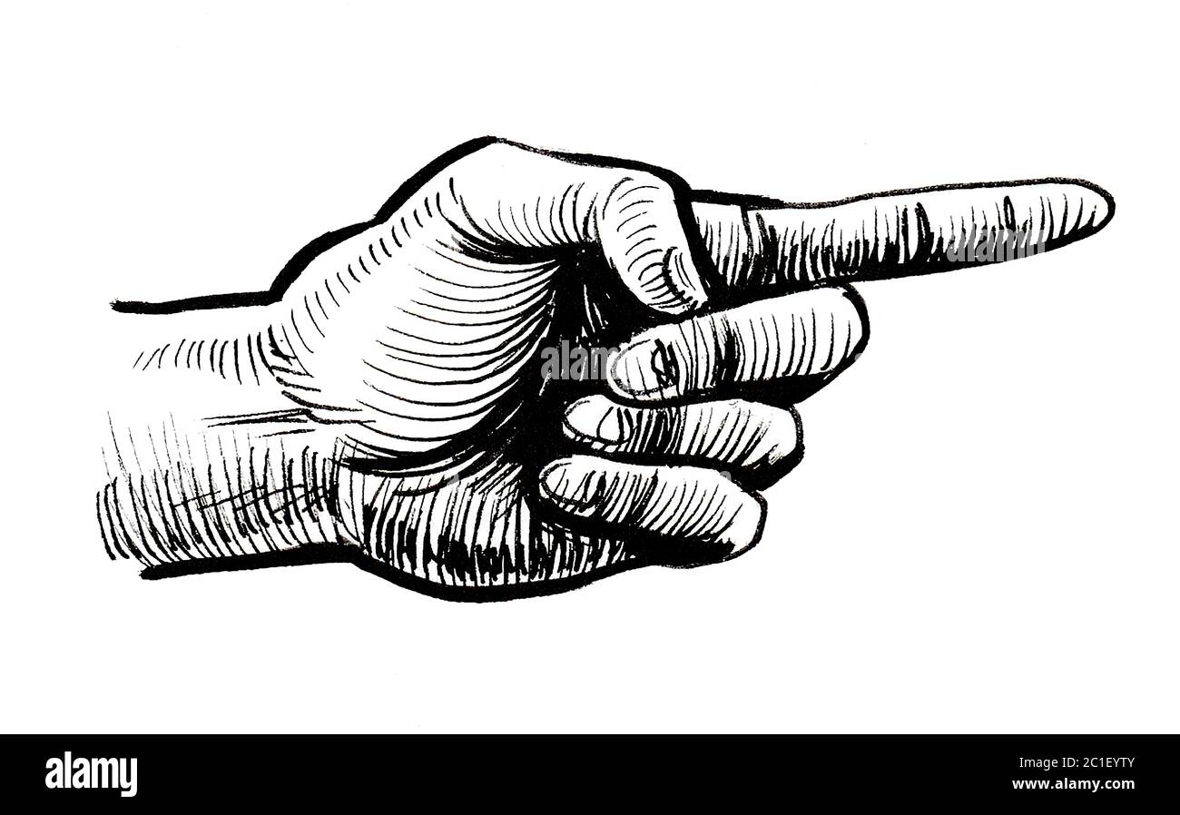 Hand pointing right. Ink black and white drawing Stock Photo - Alamy