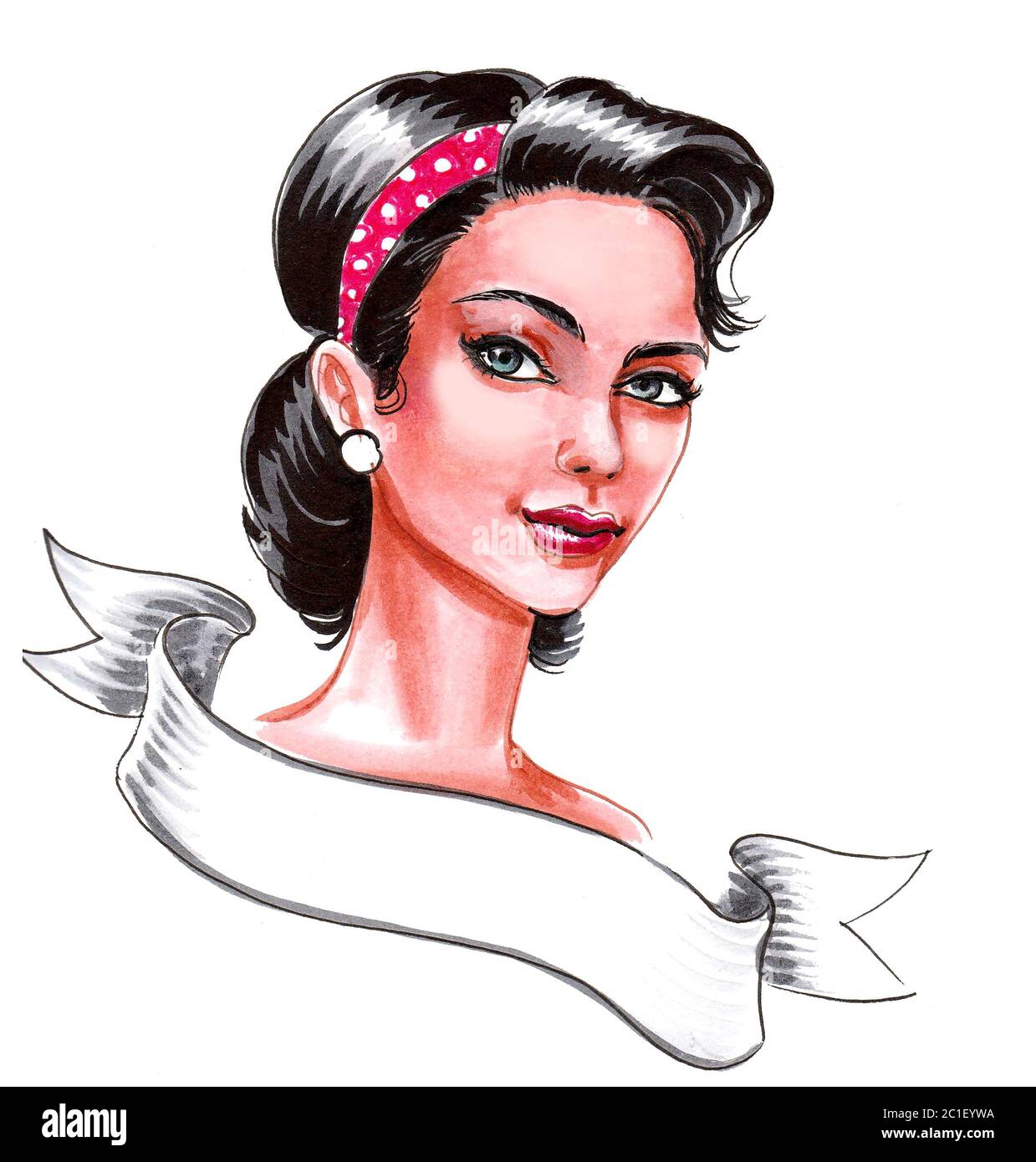 Pin up styled woman and blank banner. Ink and watercolor drawing Stock ...