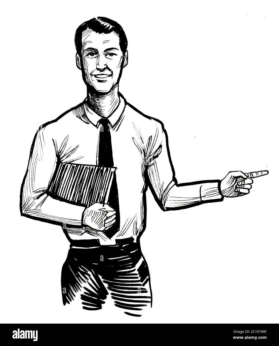Man pointing right. Ink black and white drawing Stock Photo - Alamy