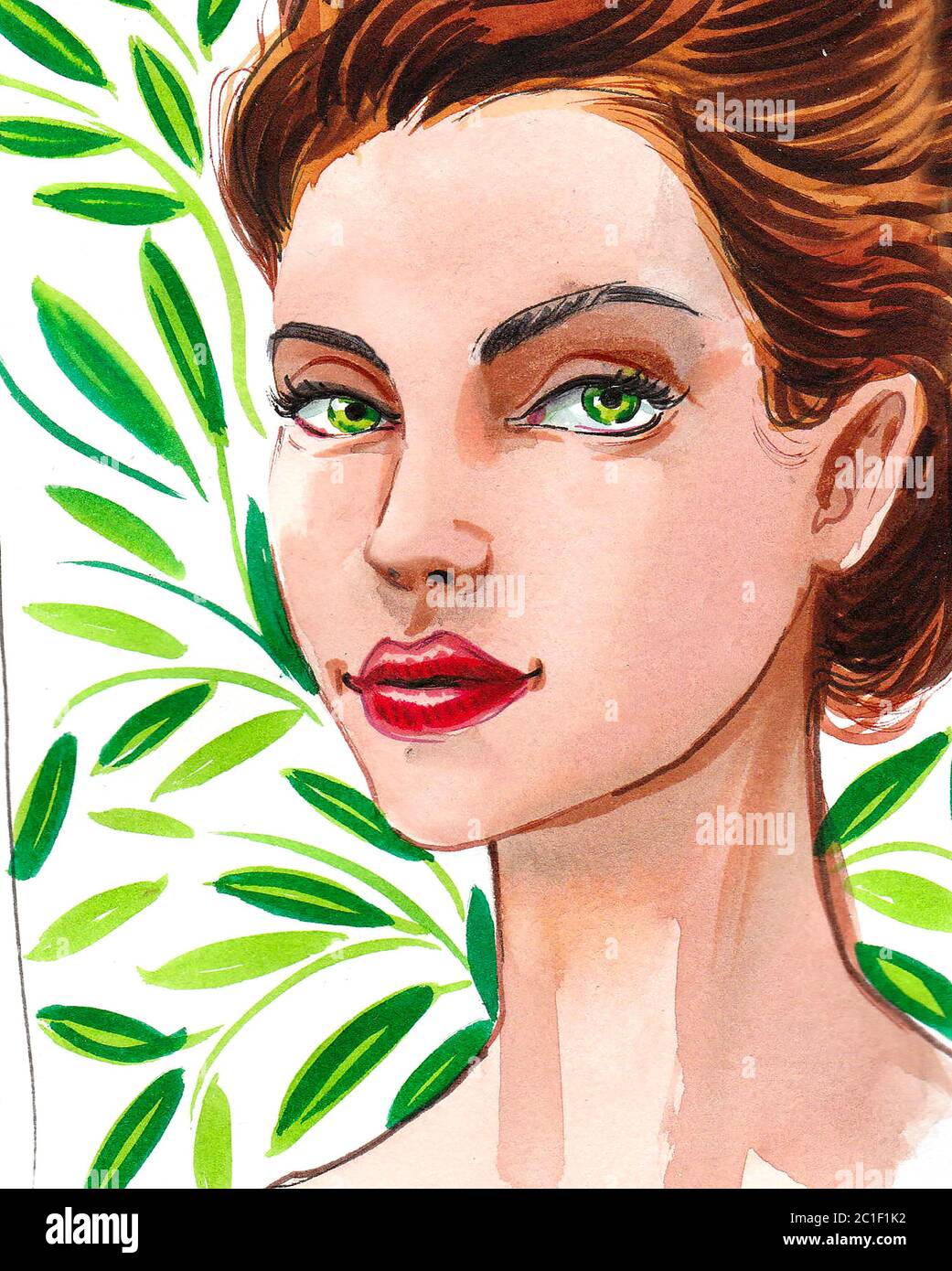 Pretty woman with green eyes and green leaves. Ink and watercolor ...