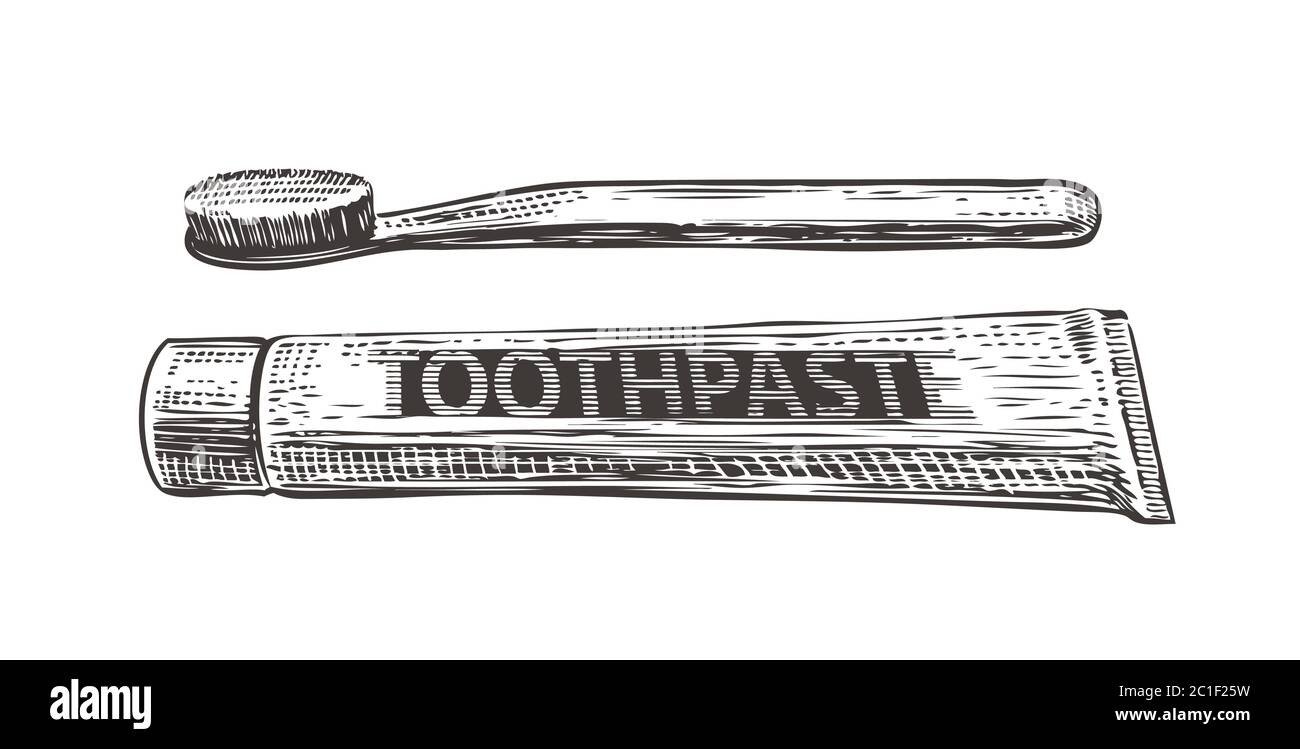 Toothbrush and toothpaste hand-drawn sketch. Hygiene vector ...