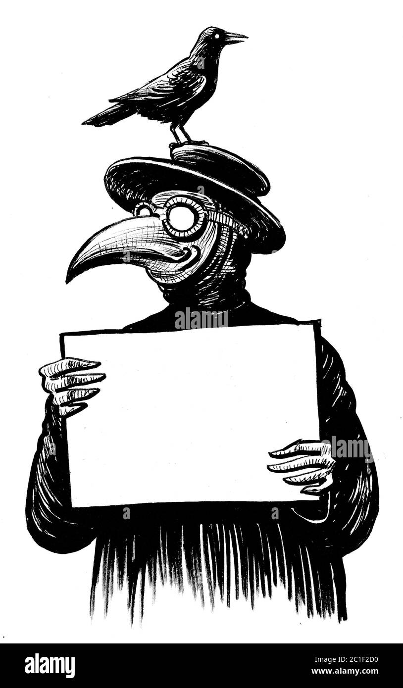 Medieval, plague doctor with crow bird holding a blank paper sheet ...