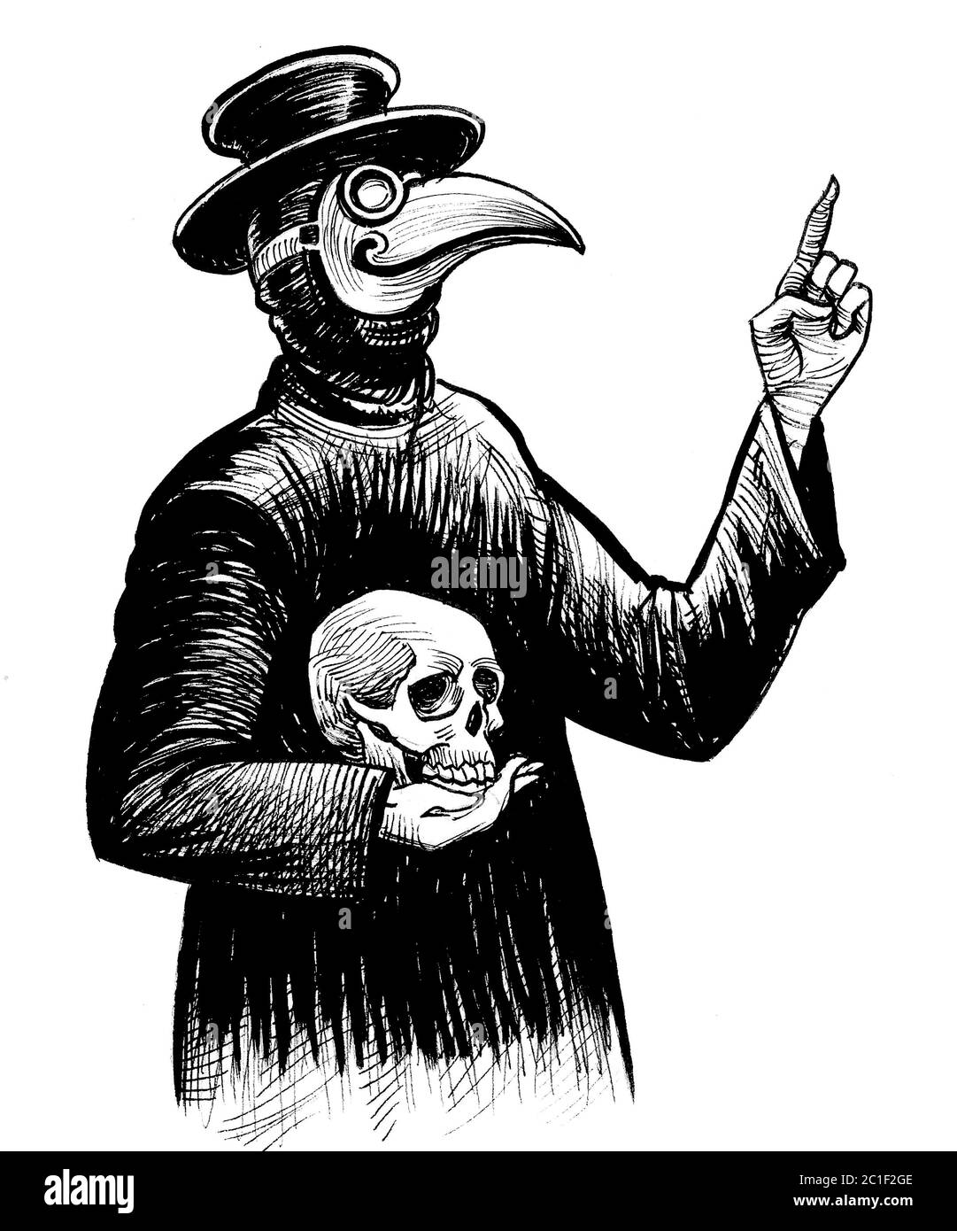 Medieval, plague doctor with human skull pointing upwards. Ink black ...
