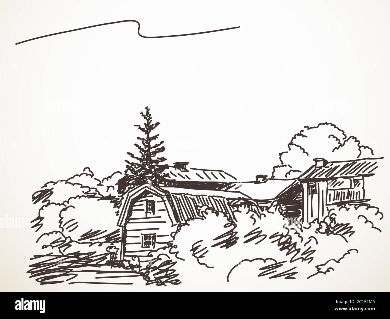 Houses in village, Countryside landscape, Hand drawn illustration ...