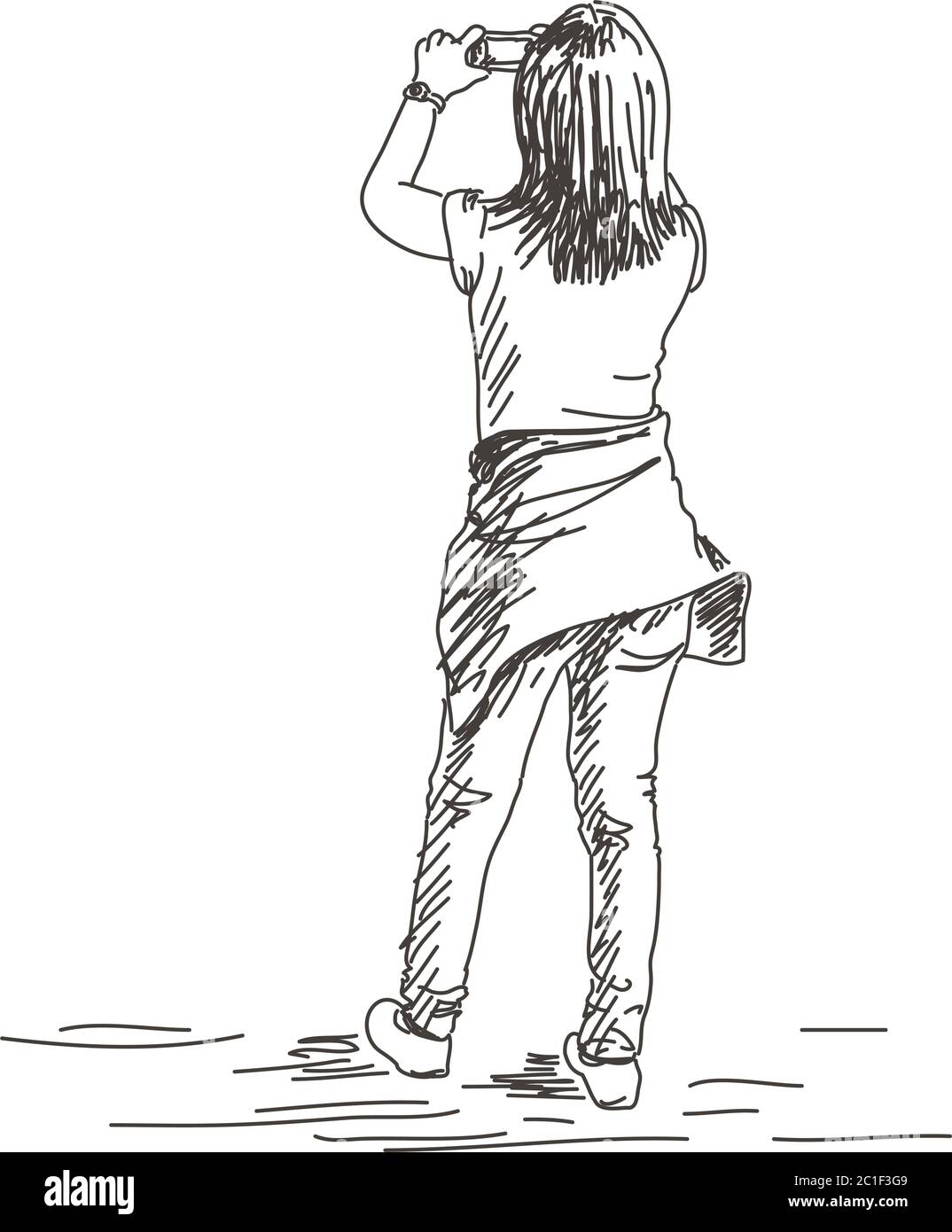 Women taking a photo with smart phone, Hand drawn illustration sketch ...