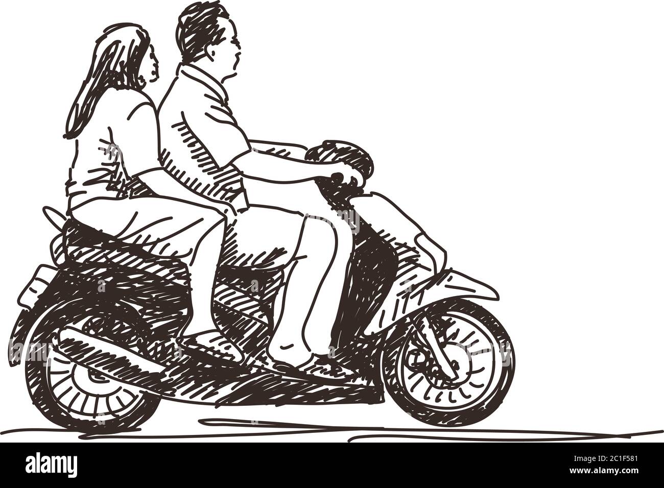 Sketch of couple riding scooter Hand drawn vector illustration Stock ...