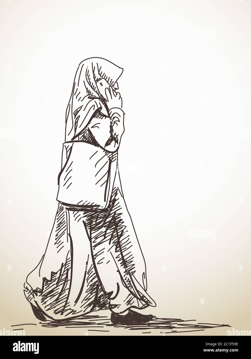 Sketch of walking muslim woman with smart phone Hand drawn illustration ...