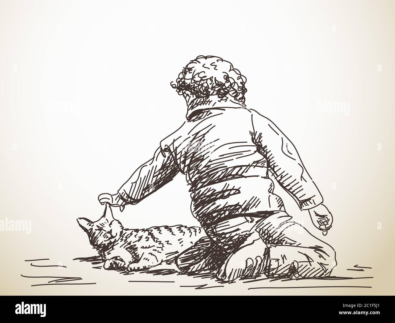 Sketch of child playing with cat, Hand drawn illustration Stock Vector ...