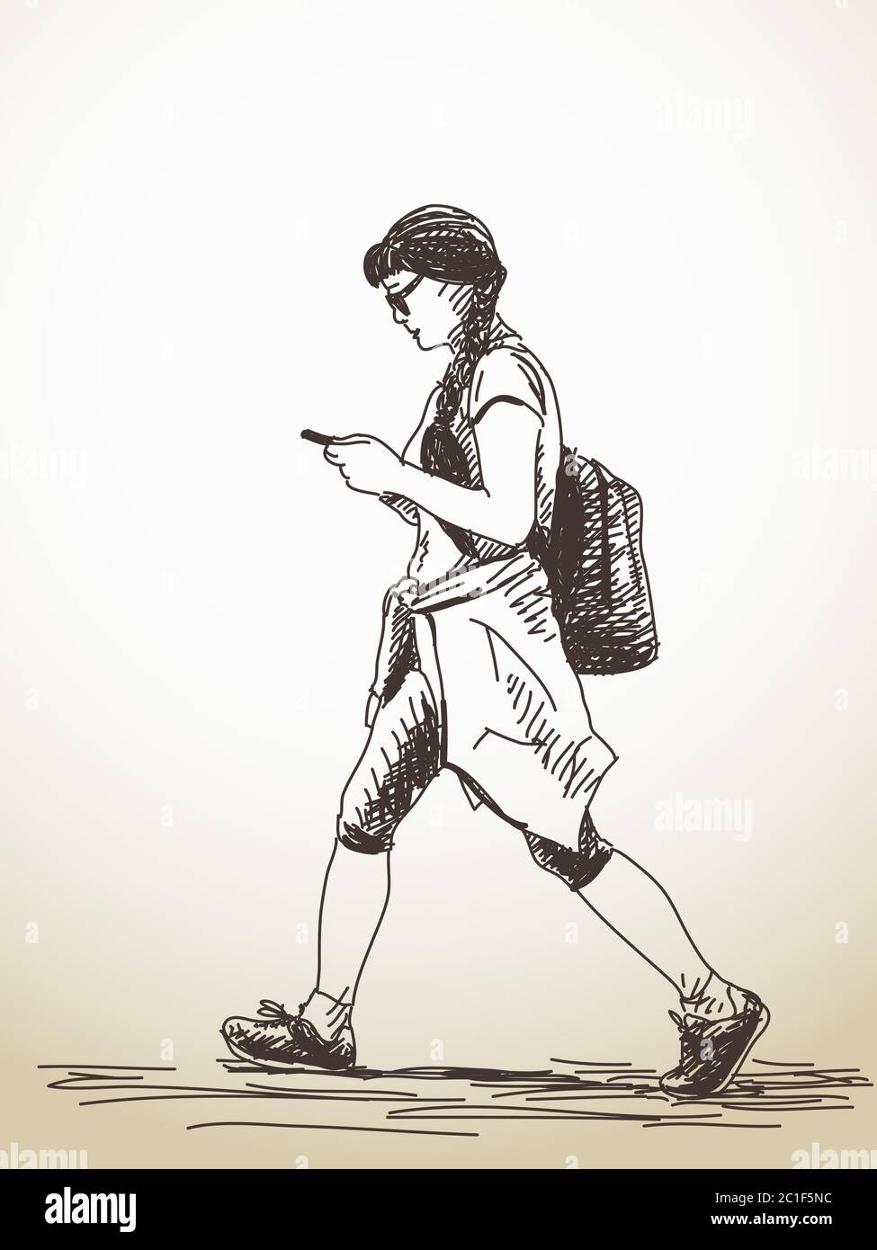 Sketch of walking woman with smart phone Hand drawn illustration Stock ...