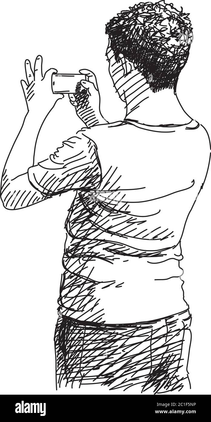 Man taking photo with smart phone, Hand drawn illustration, Vector ...