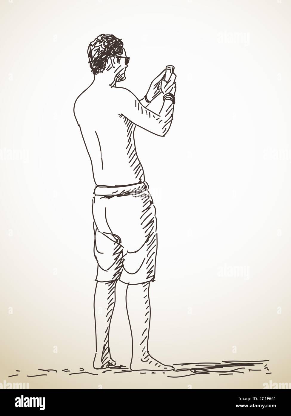 Man taking photo with smart phone, Hand drawn illustration, Vector ...
