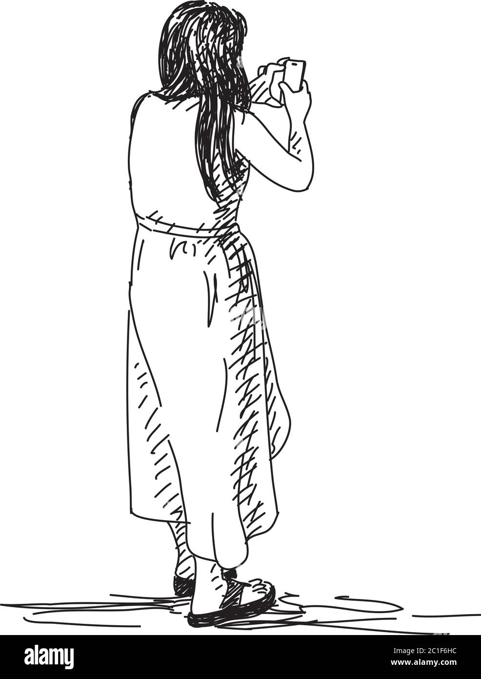 Women taking a photo with smart phone, Hand drawn illustration sketch ...