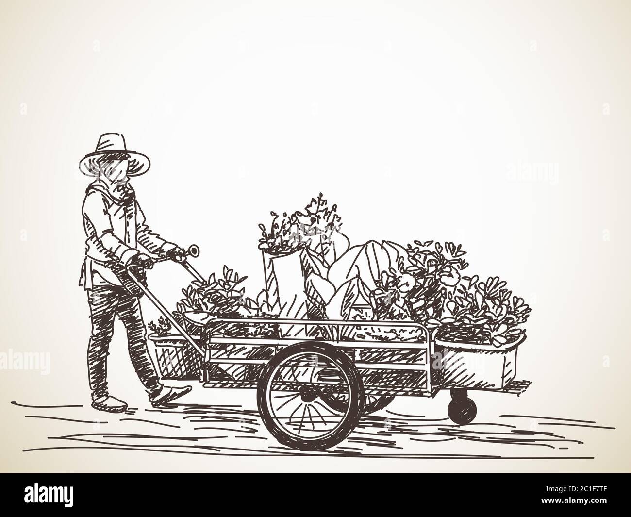 Sketch of hawker with flower cart Hand drawn vector illustration Stock ...
