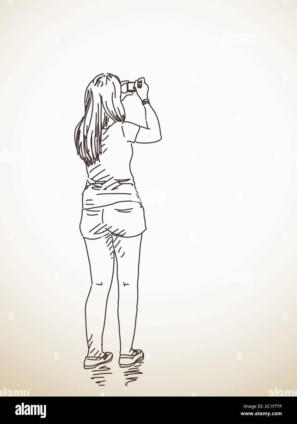 Sketch of Woman taking photo with compact camera, Hand drawn ...