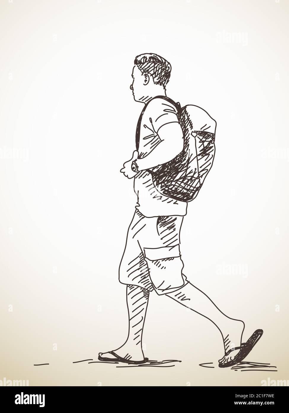 Sketch of walking young Man with backpack Hand drawn illustration Stock ...