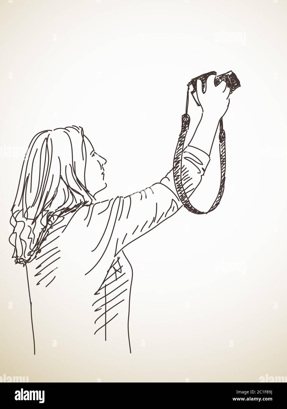 Sketch of Woman taking photo with photo camera, Hand drawn illustration ...