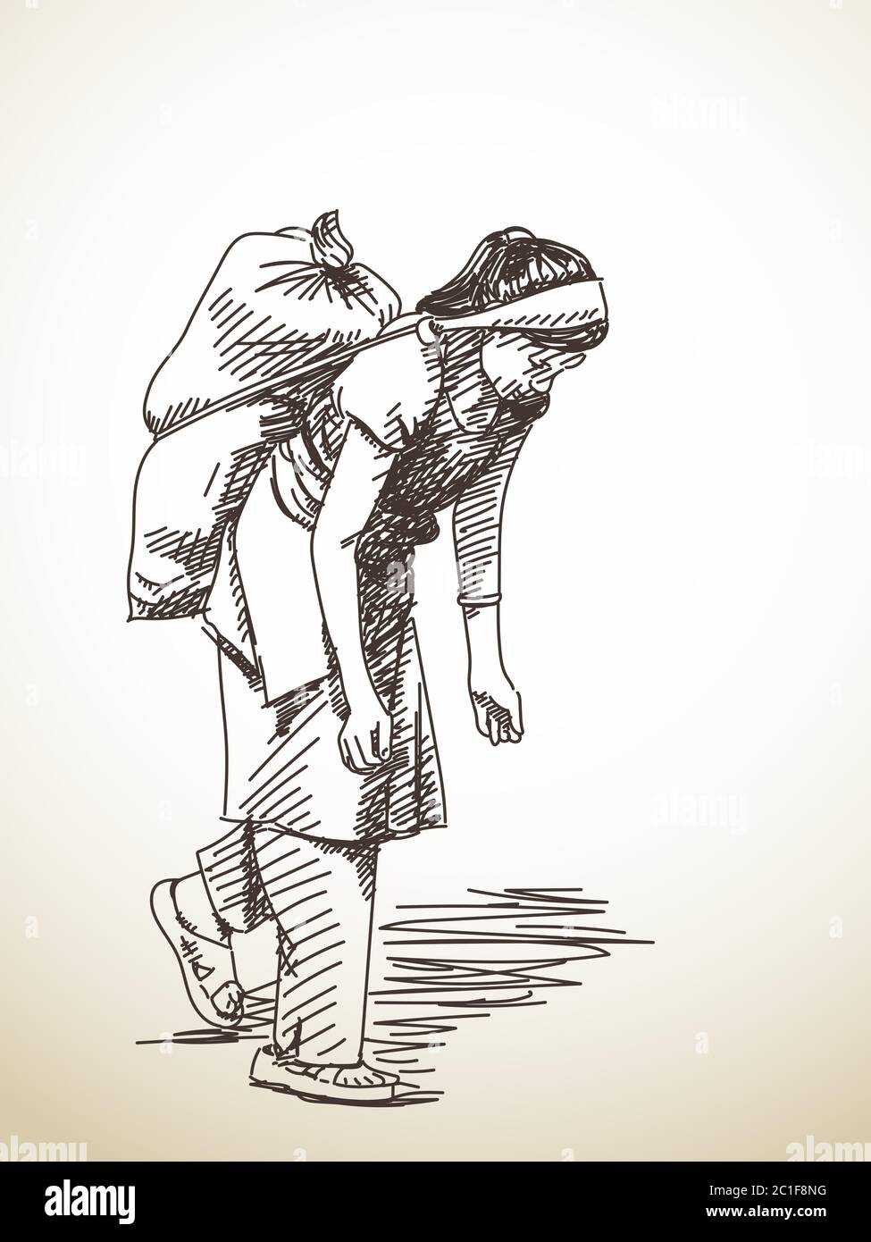 Nepali woman carries a bag on her head in the traditional way. Hand ...