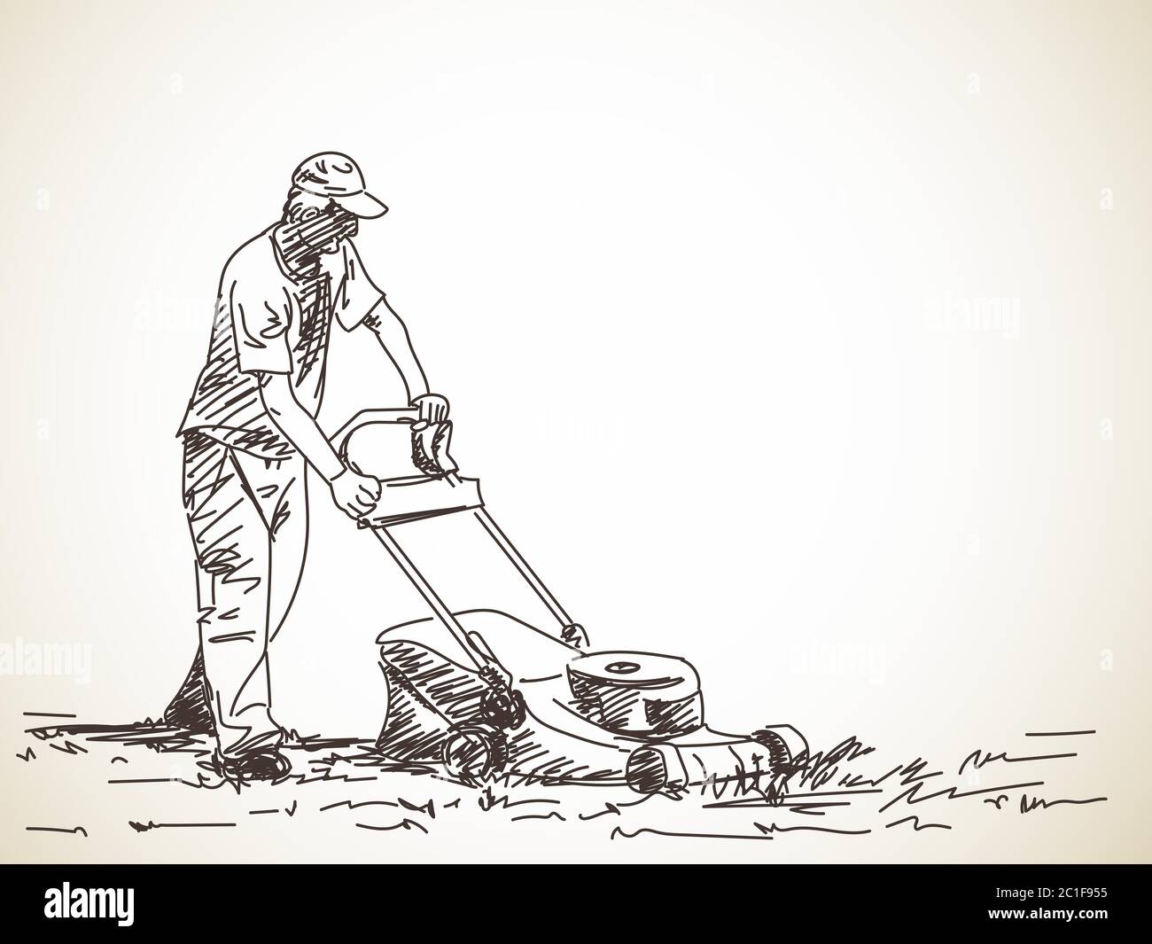 Sketch of man with lawnmower, Hand drawn illustration Stock Vector ...