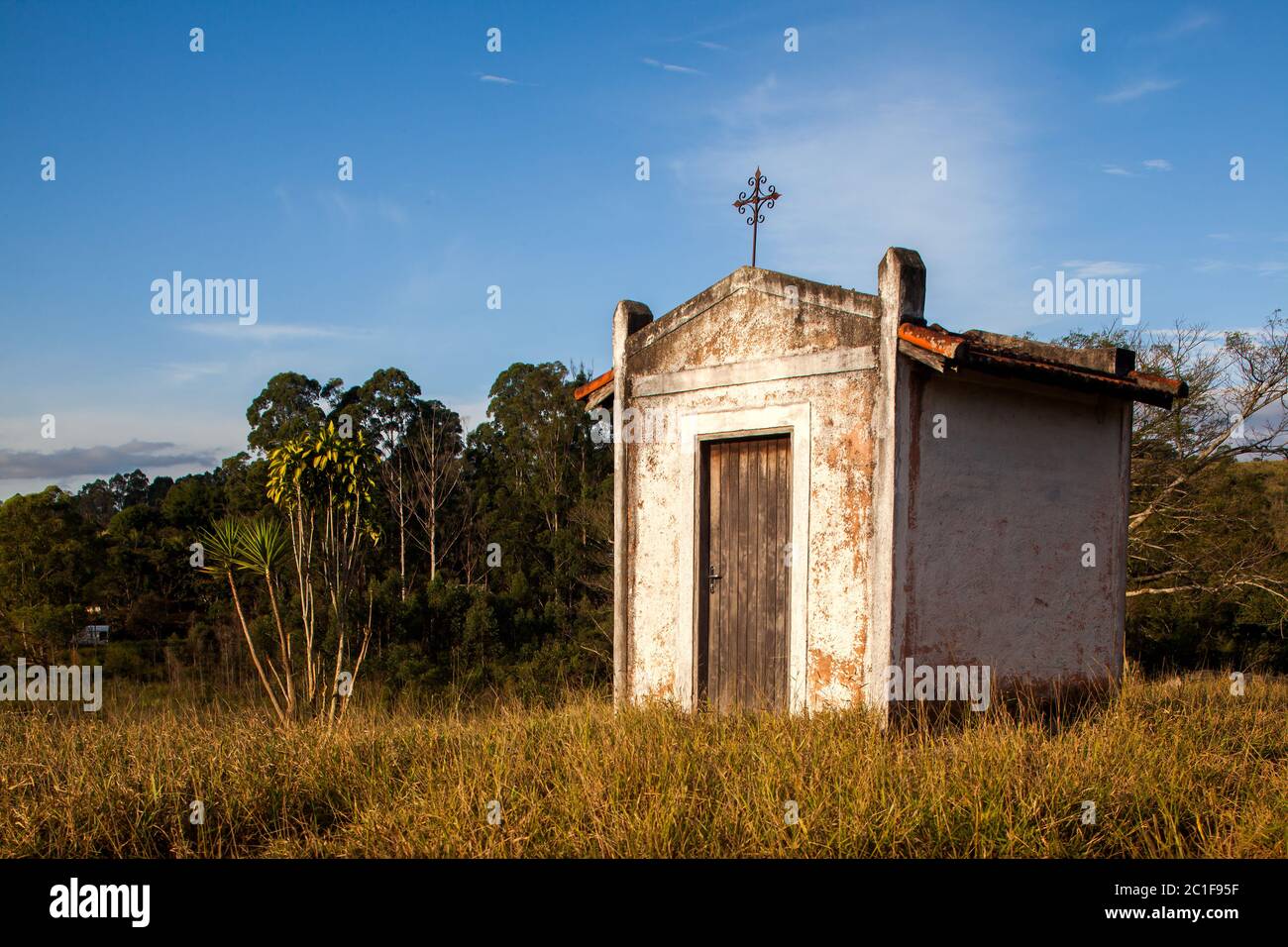 Small old white church in the countryside in a blue sky day Stock Photo ...