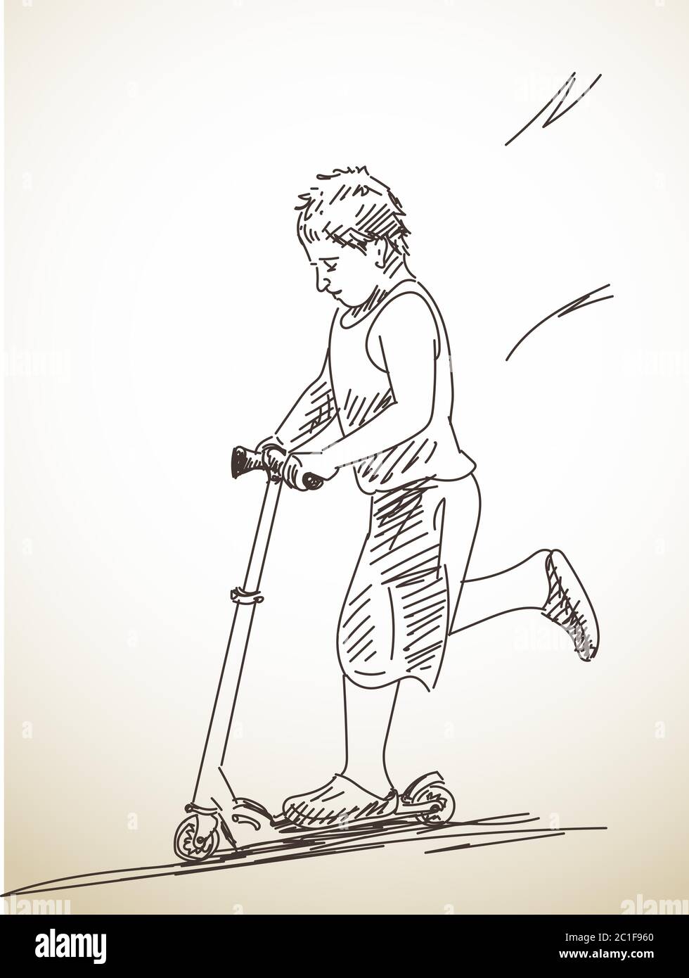 Sketch of child riding kick scooter, Hand drawn illustration Stock ...