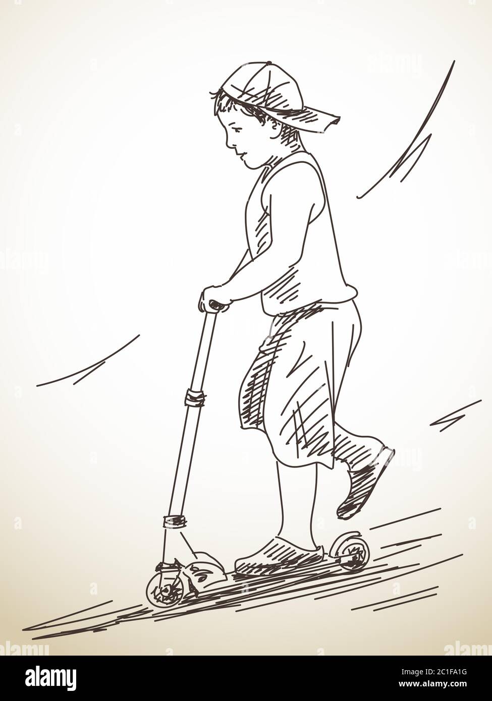 Sketch of child riding kick scooter, Hand drawn illustration Stock ...