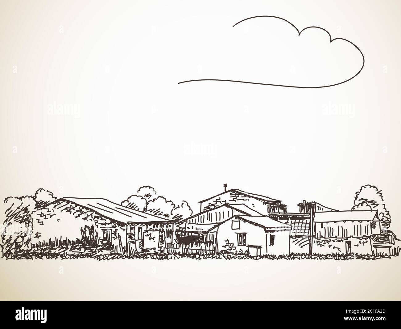 Houses in village, Countryside landscape, Hand drawn illustration ...
