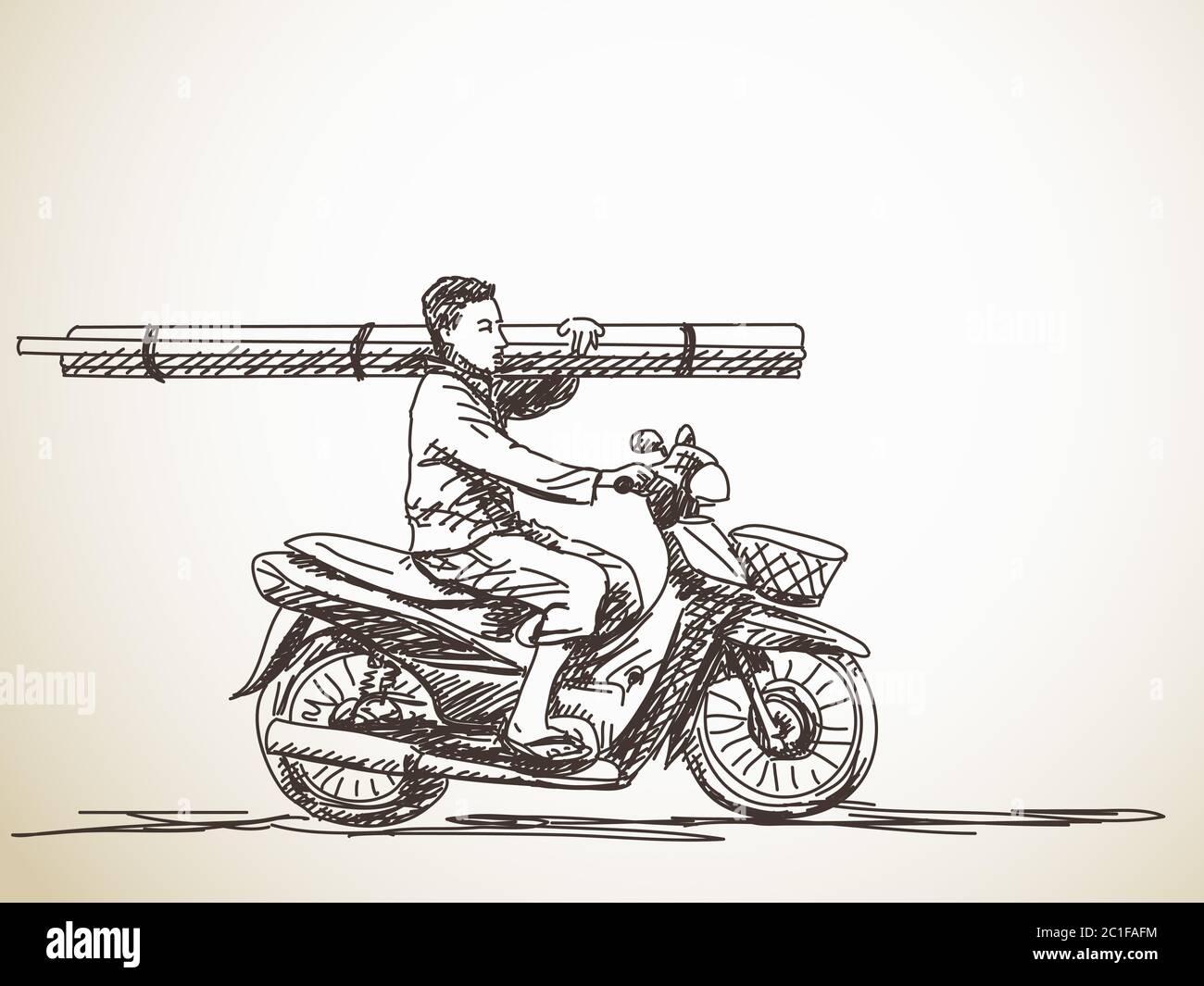 Man on motorcycle carrying long sticks, Hand drawn illustration, Vector ...