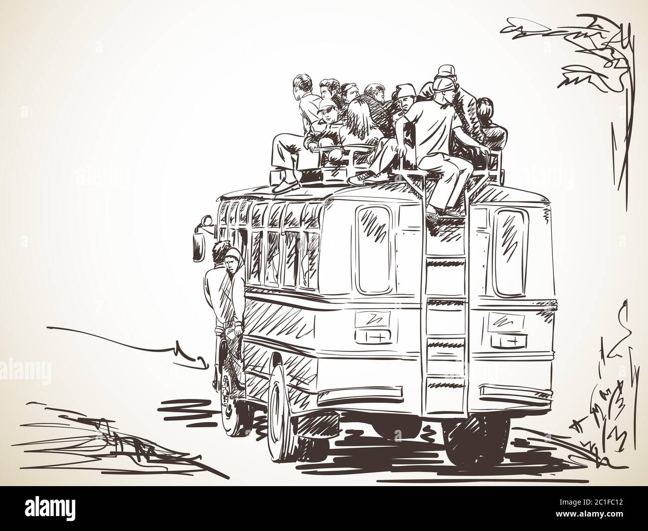 Overloaded bus with people travelling on top, Hand drawn illustration ...