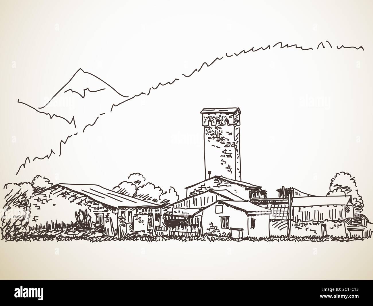 Svan tower, Svaneti, Georgia. Hand drawn sketch. Vector illustration ...