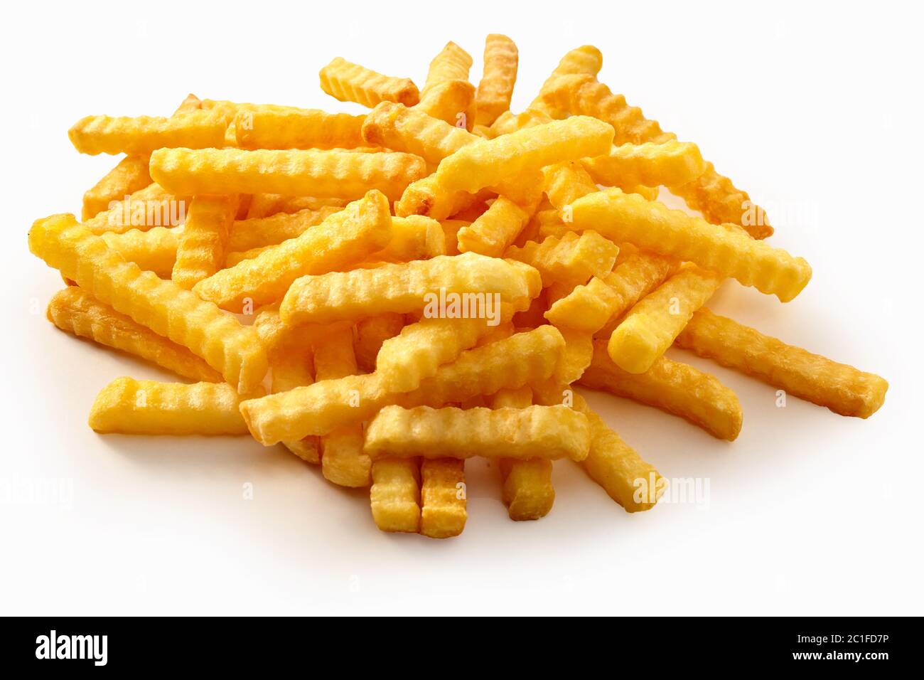 Heap of crispy golden crinkle cut potato chips or Pommes Frites on a ...