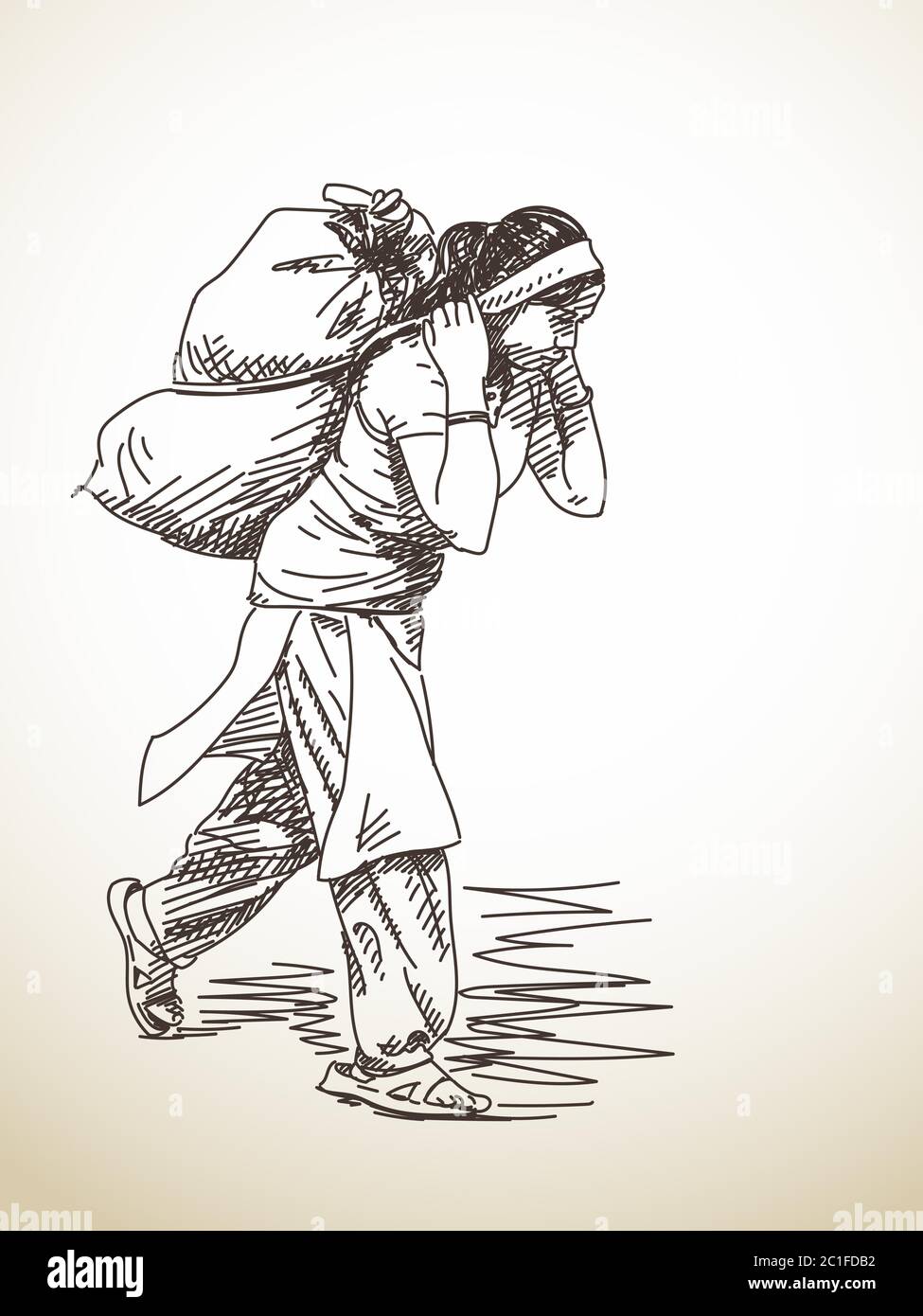 Nepali woman carries a bag on her head in the traditional way. Hand ...