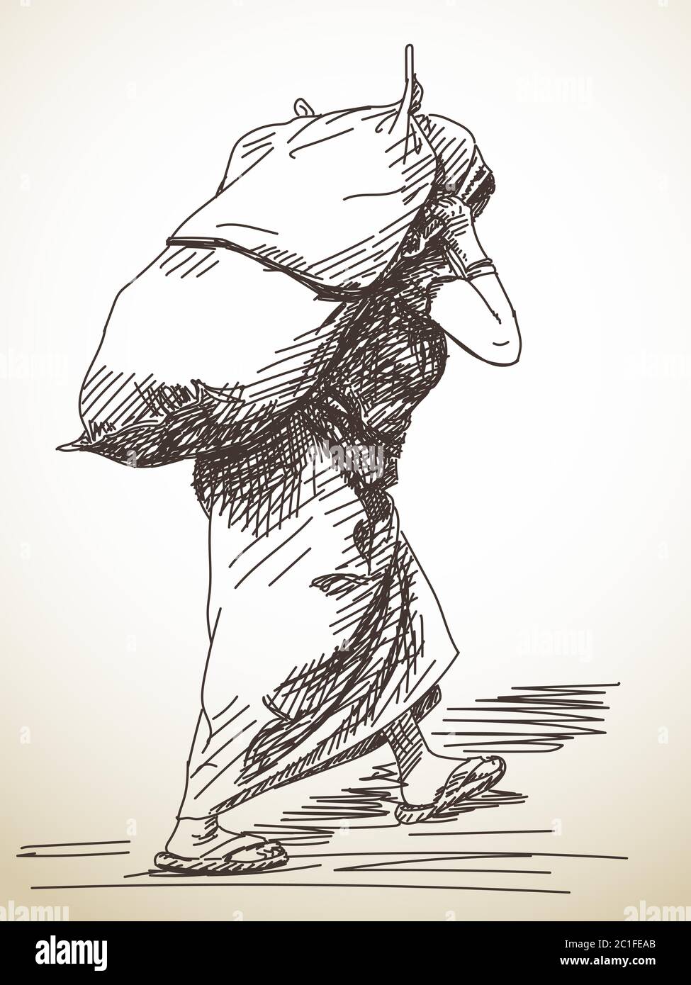 Nepali woman carries a bag on her head in the traditional way. Hand ...