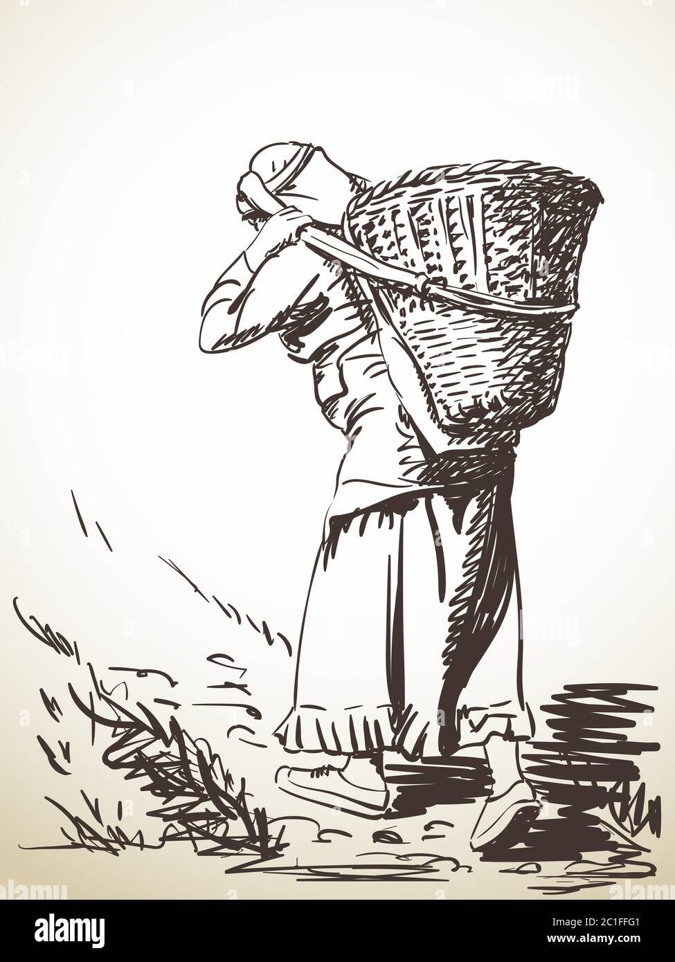 Nepalese woman carries a basket on her head in the traditional way ...