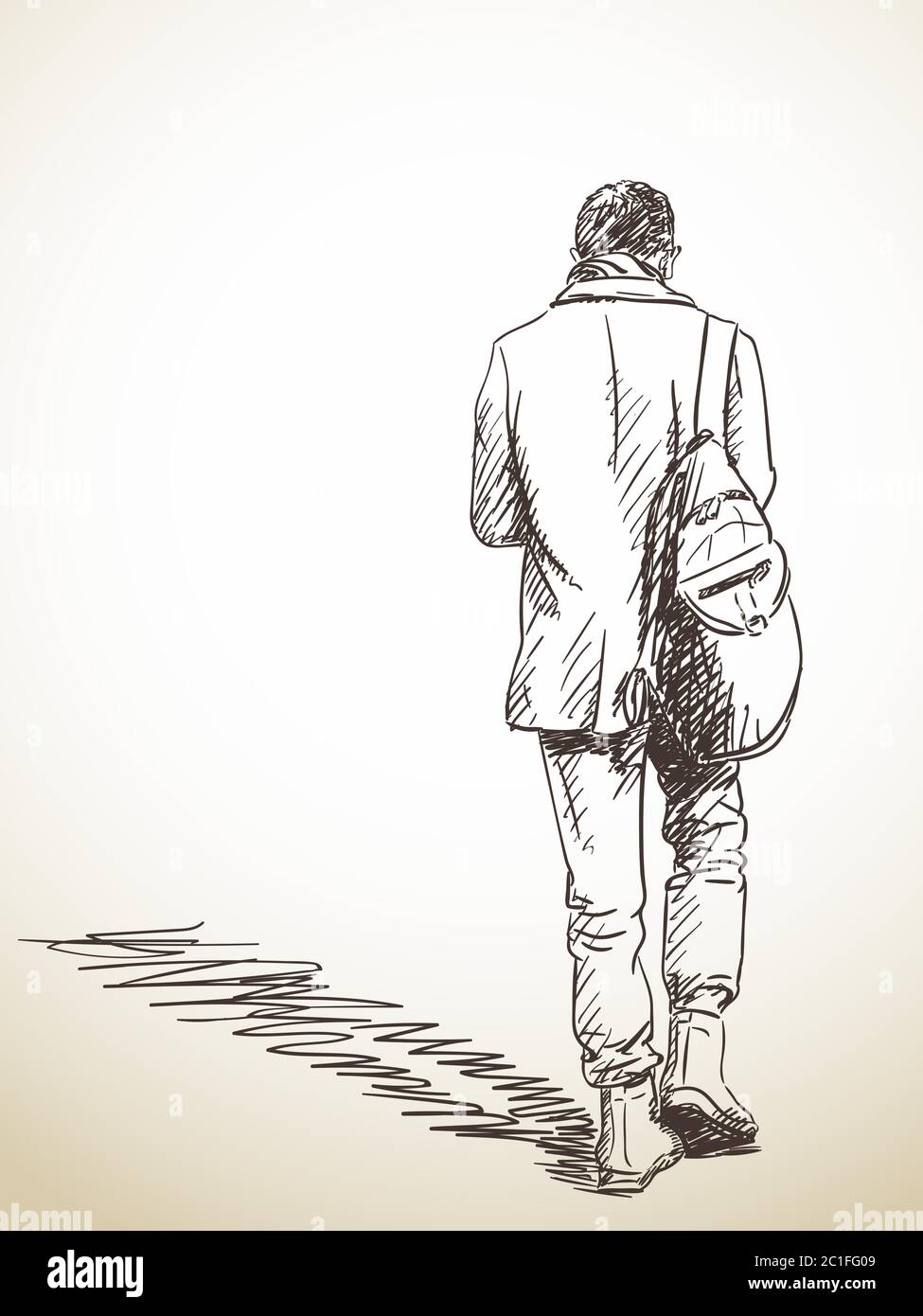 Sketch of walking tall man with backpack on one shelder, Hand drawn ...