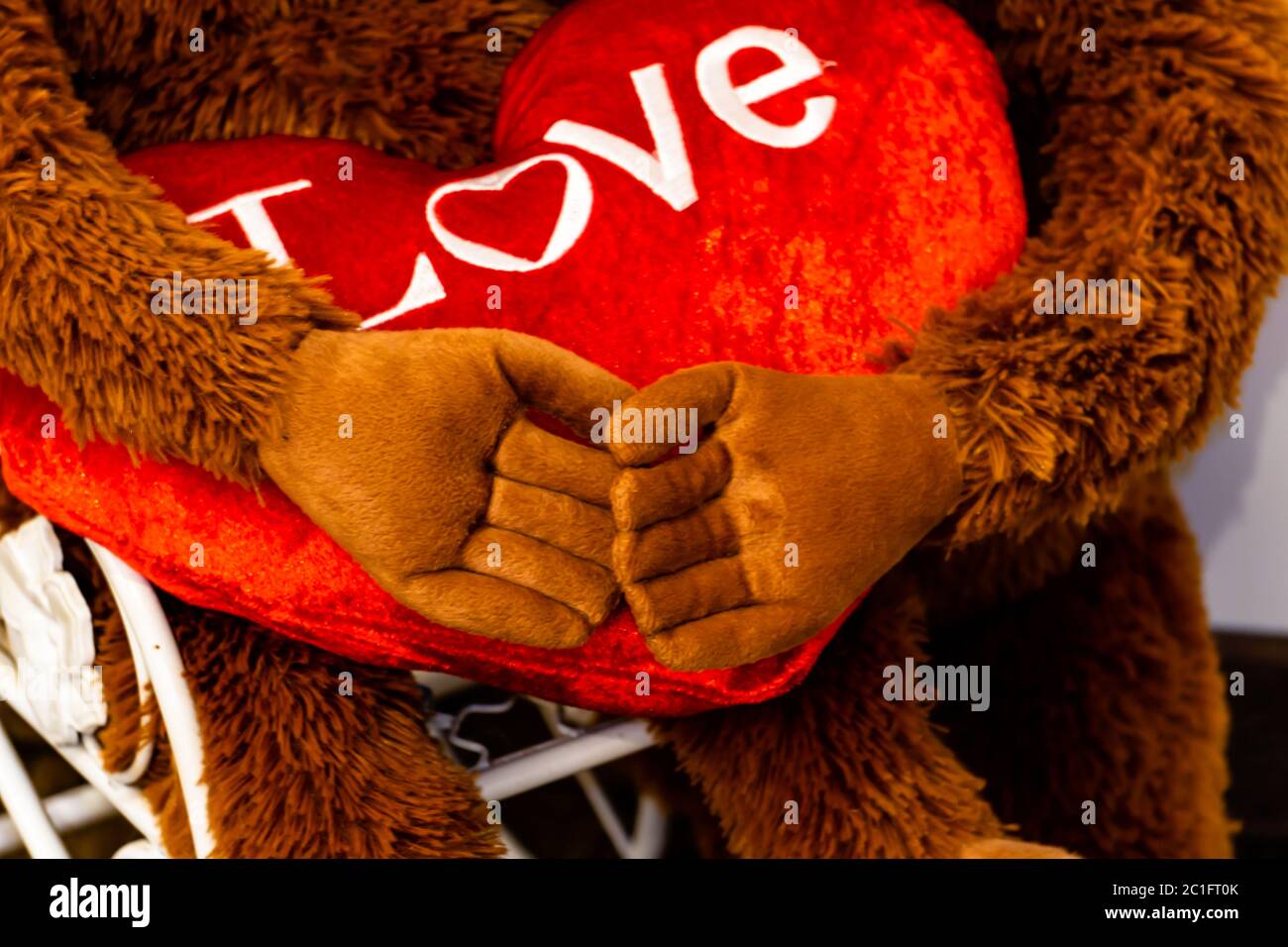 Two soft toy monkeys sit arm in arm in a small car, holding a fabric ...