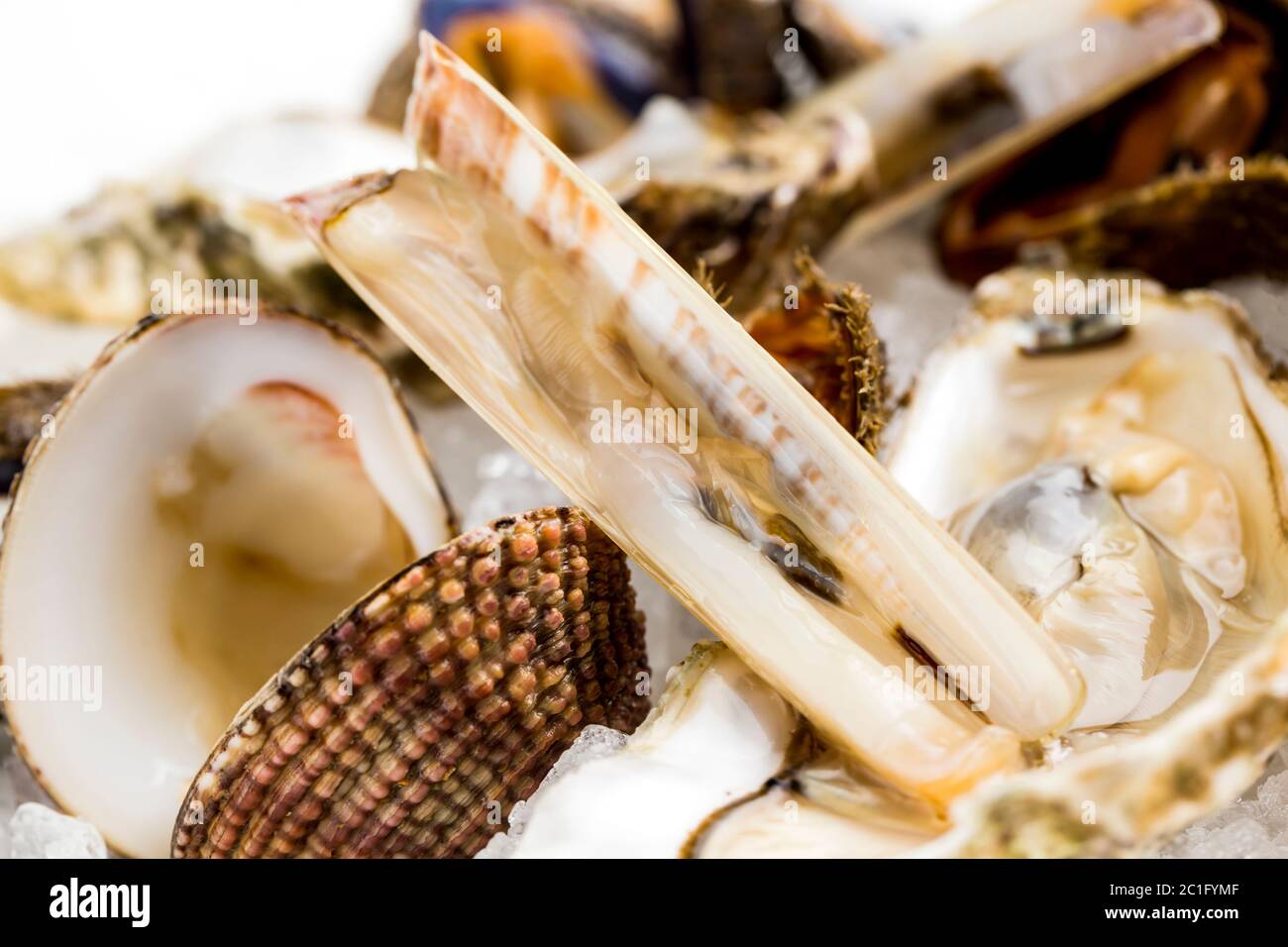 Detail of raw seafood on ice with shellfish inside Stock Photo - Alamy