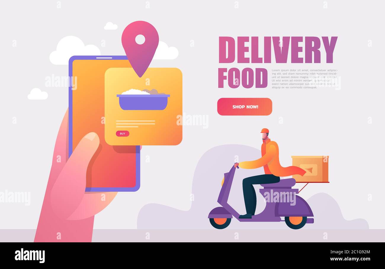 Food delivery service. Mobile application. Young male courier with a ...