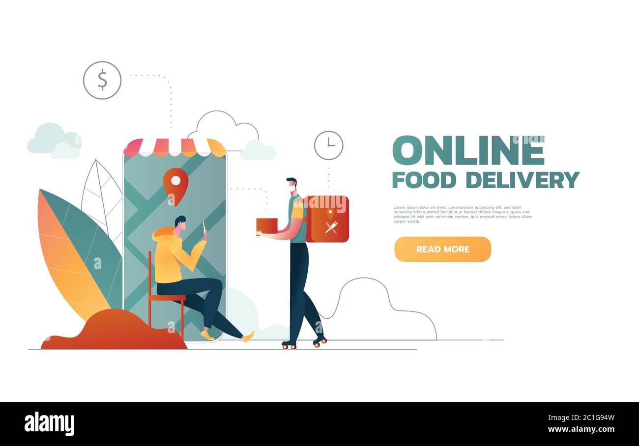 Food delivery service. Mobile application. Young male courier with a ...