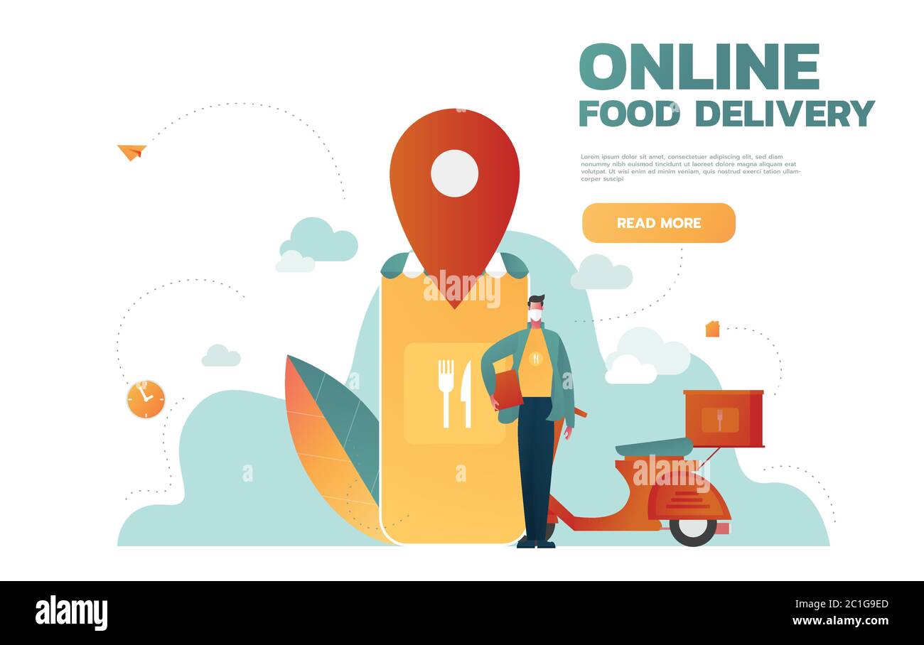 Food delivery service. Mobile application. Young male courier with a ...