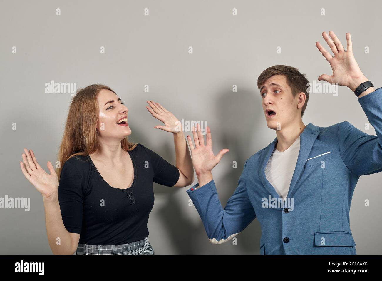 Confused mood spreads hands wide with doubt face. In shock. Sincere ...