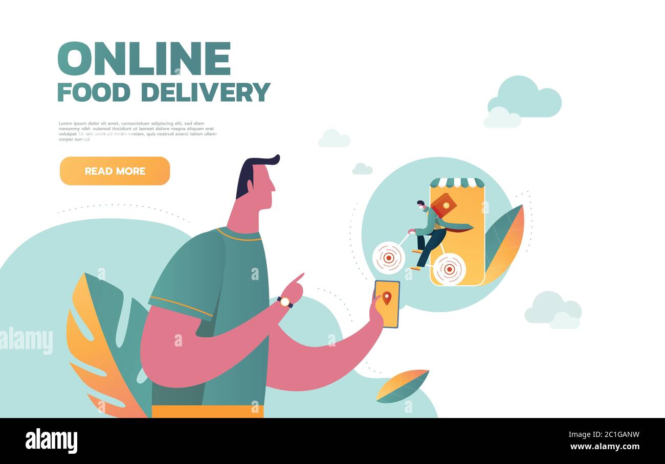 Food delivery service. Mobile application. Young male courier with a ...