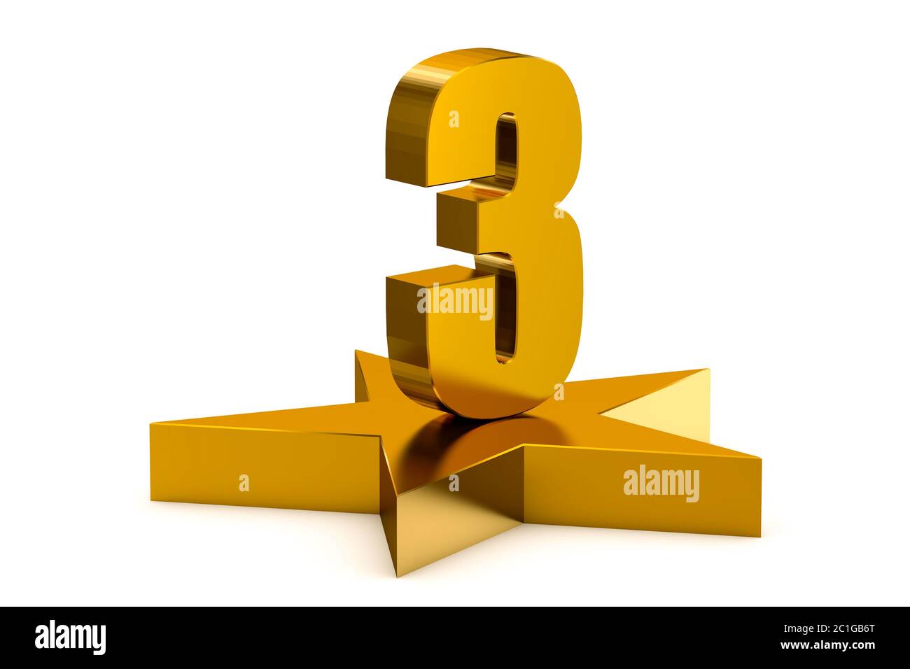 3D golden number three on star podium, 3D rendering isolated on white ...