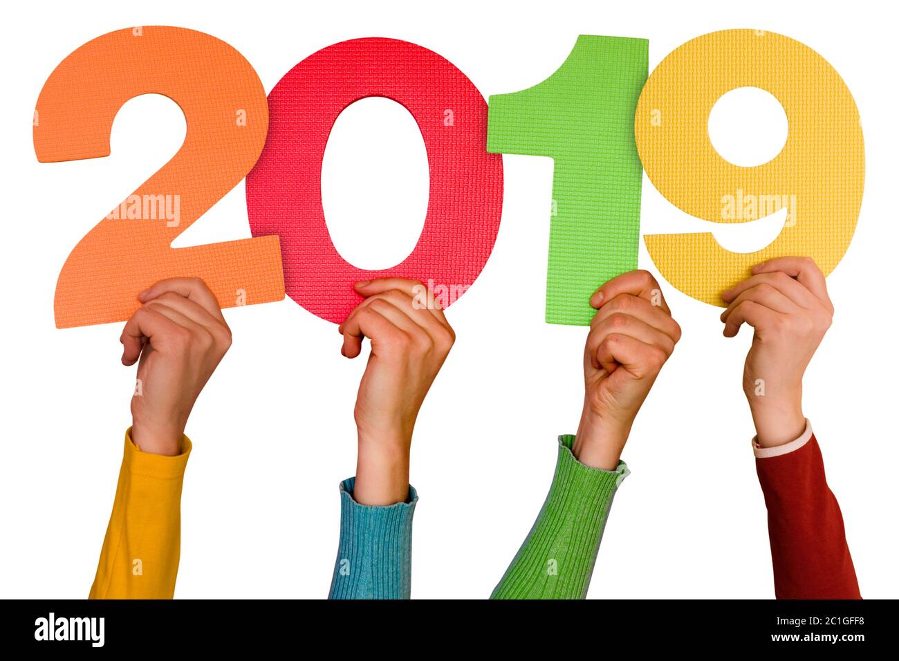 Hands with color numbers shows year 2019 Stock Photo - Alamy