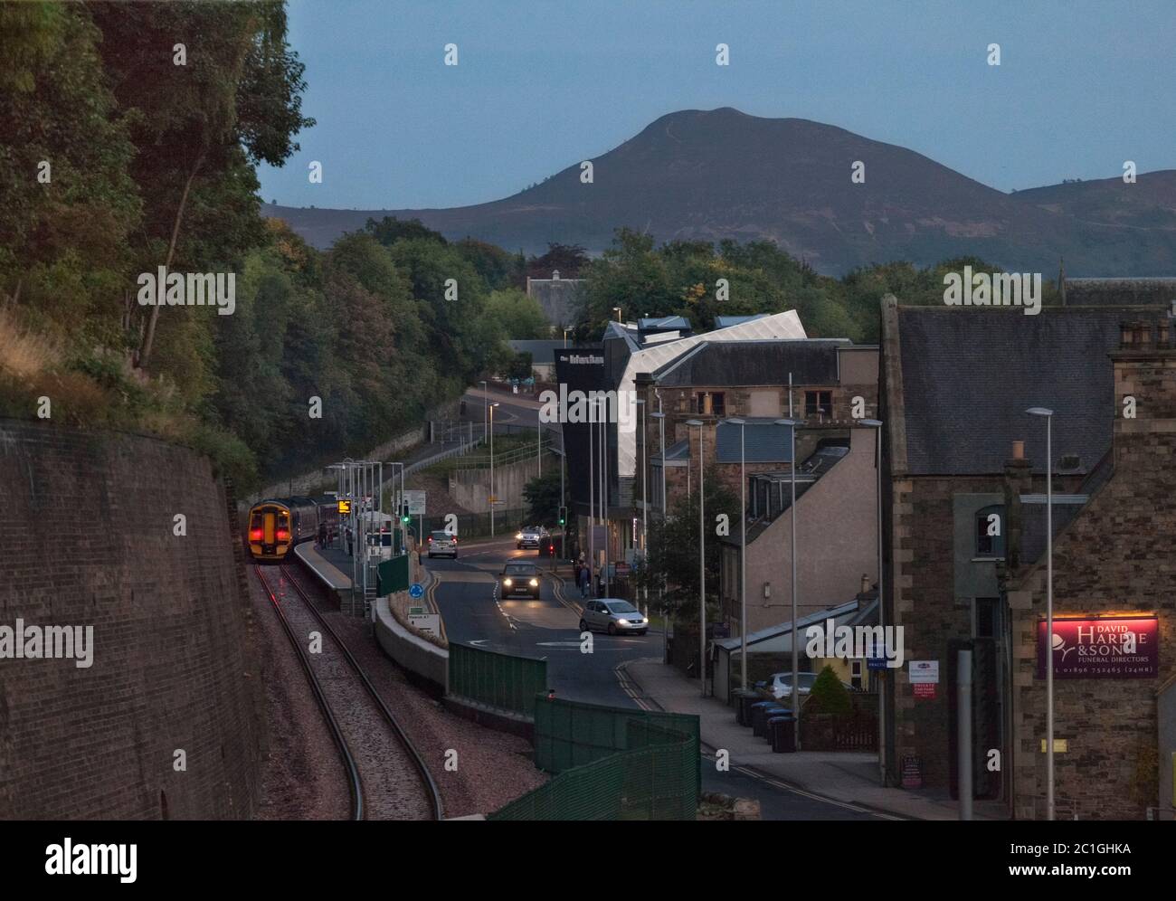 Scotrail class 158 train calling at Galashiels railway station in the ...
