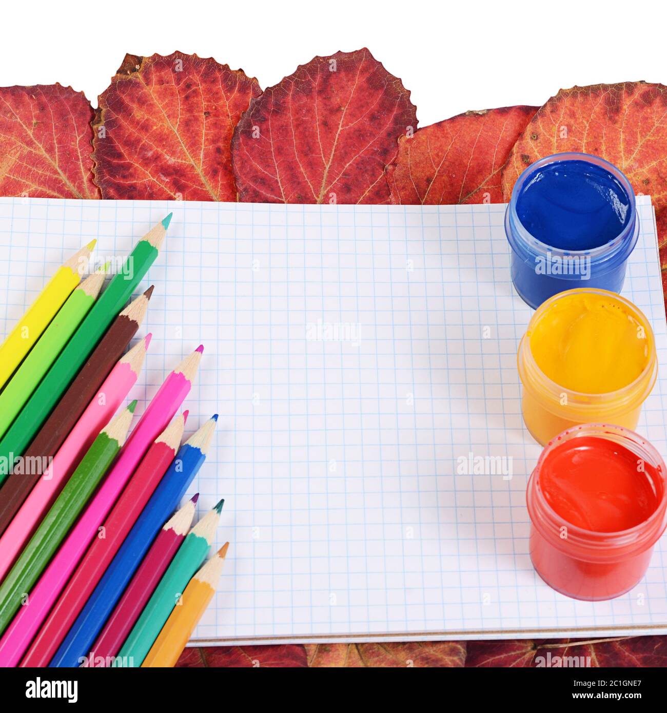 Colored pencilsand autumn leaves Stock Photo - Alamy